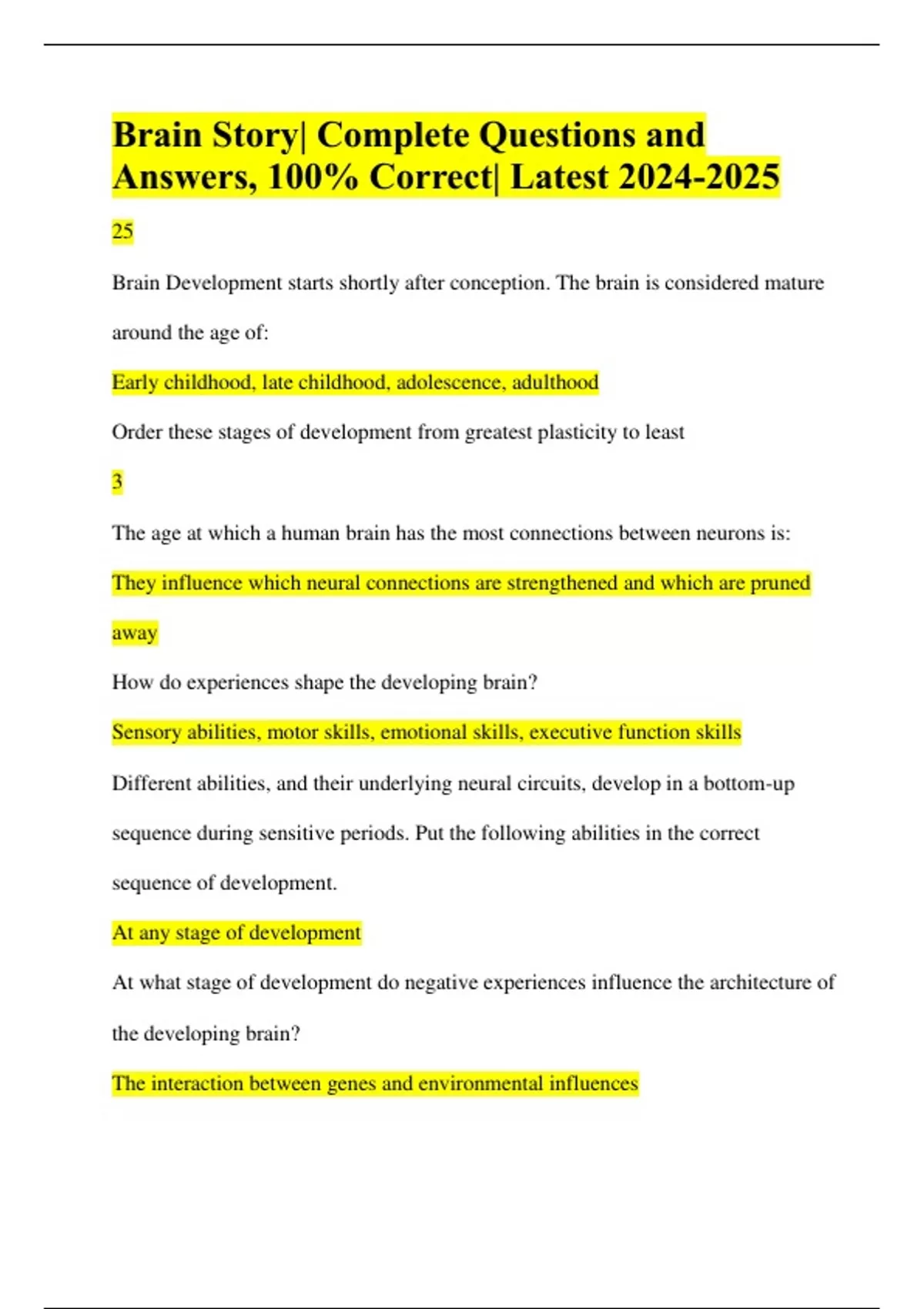 Brain Story| Complete Questions and Answers, 100% Correct| Latest ...