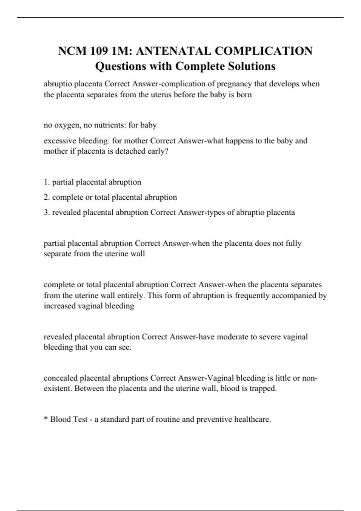 NCM 109 1M: ANTENATAL COMPLICATION Questions with Complete Solutions - NCM 109 - Stuvia US