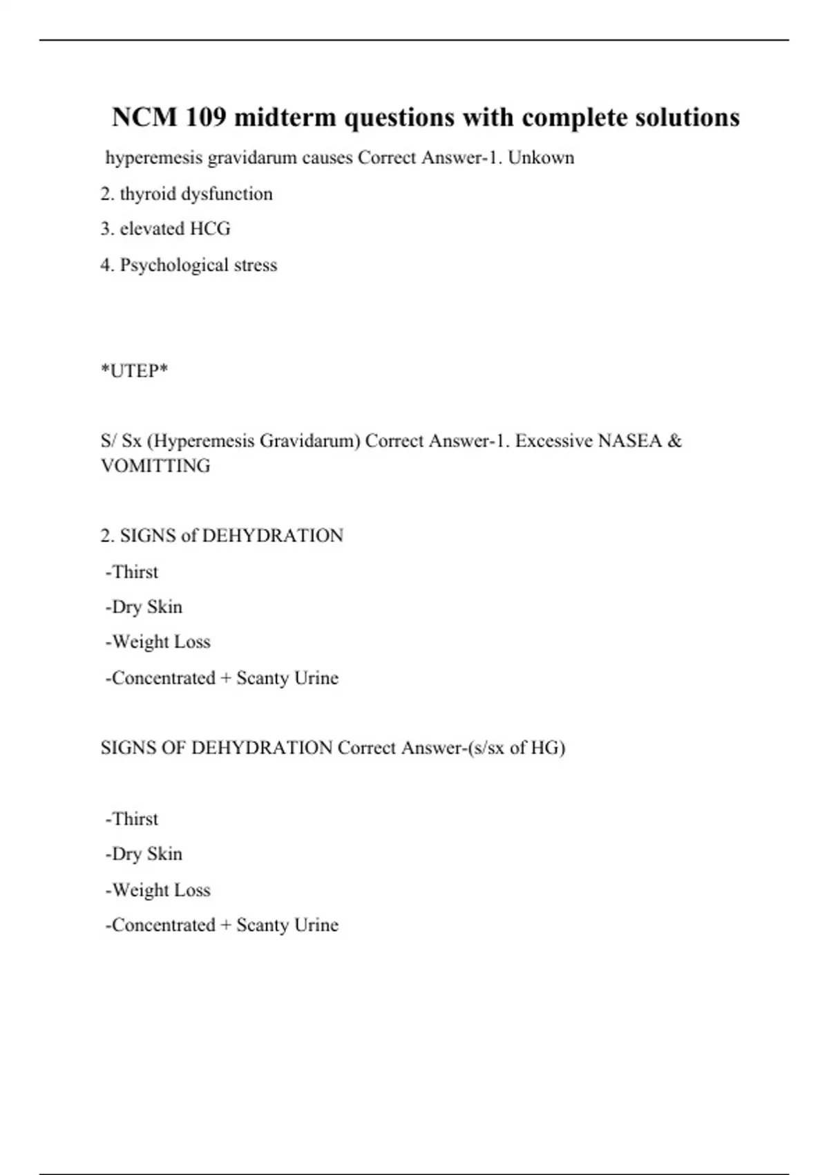 NCM 109 midterm questions with complete solutions - NCM 109 - Stuvia US