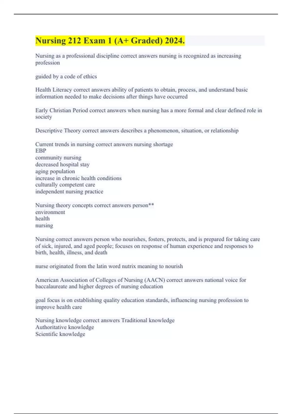 Nursing 212 Exam 1 (A+ Graded) 2024. - Nursing 212 - Stuvia US
