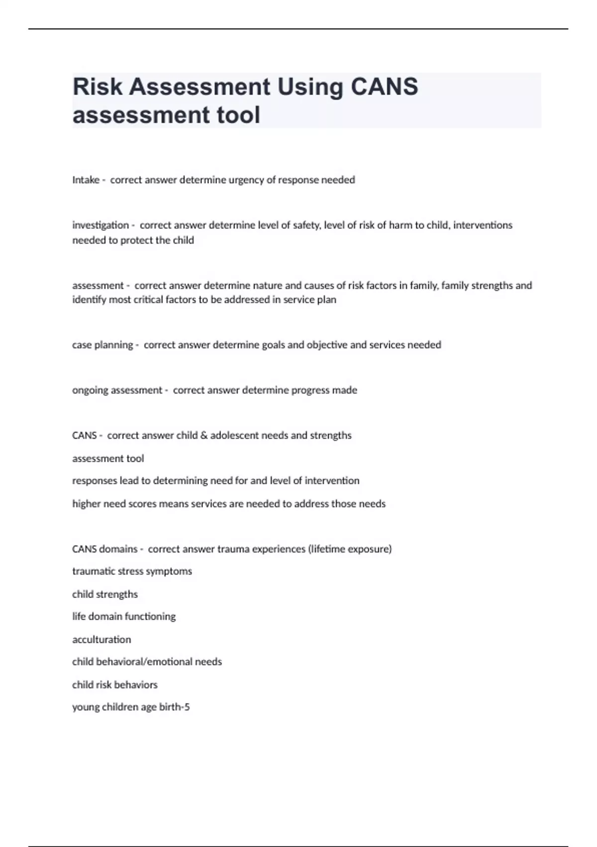Risk Assessment Using CANS assessment tool Question and answers 100% ...