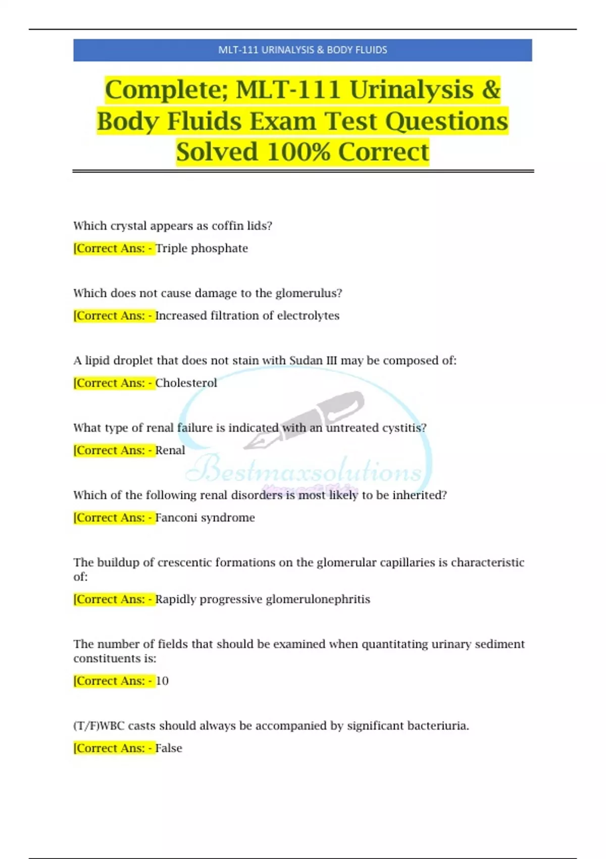 Complete; MLT-111 Urinalysis & Body Fluids Exam Test Questions Solved ...
