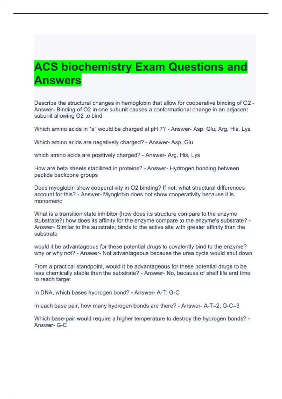 ACS biochemistry Exam Questions and Answers 2024 - ACS Biochemistry ...
