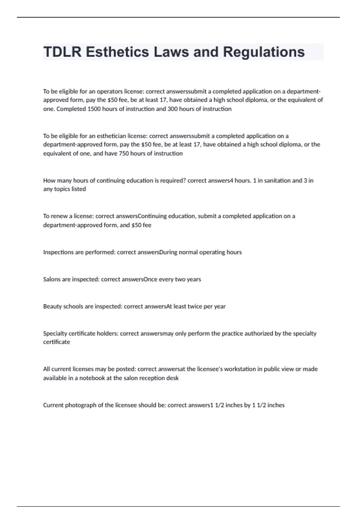 TDLR Esthetics Laws and Regulations exam 2024 with 100% correct answers ...