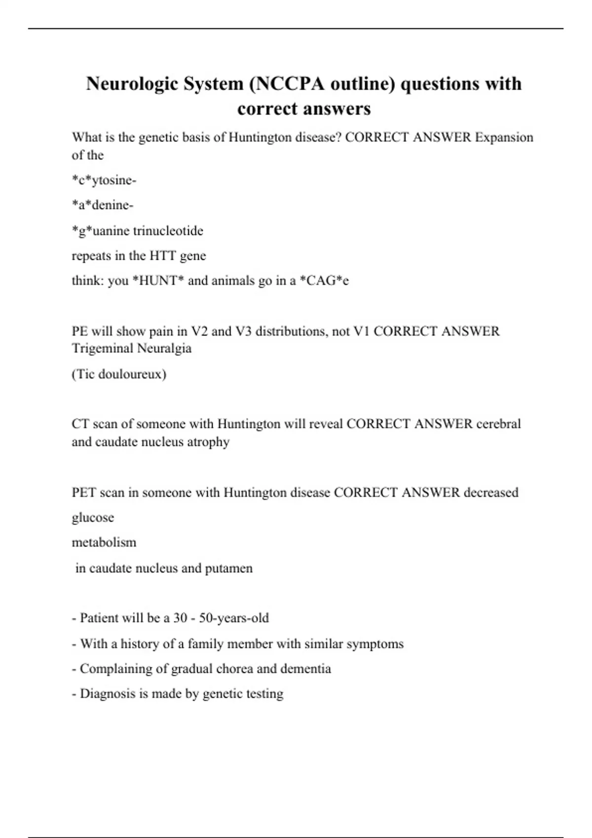 Neurologic System (NCCPA outline) questions with correct answers ...