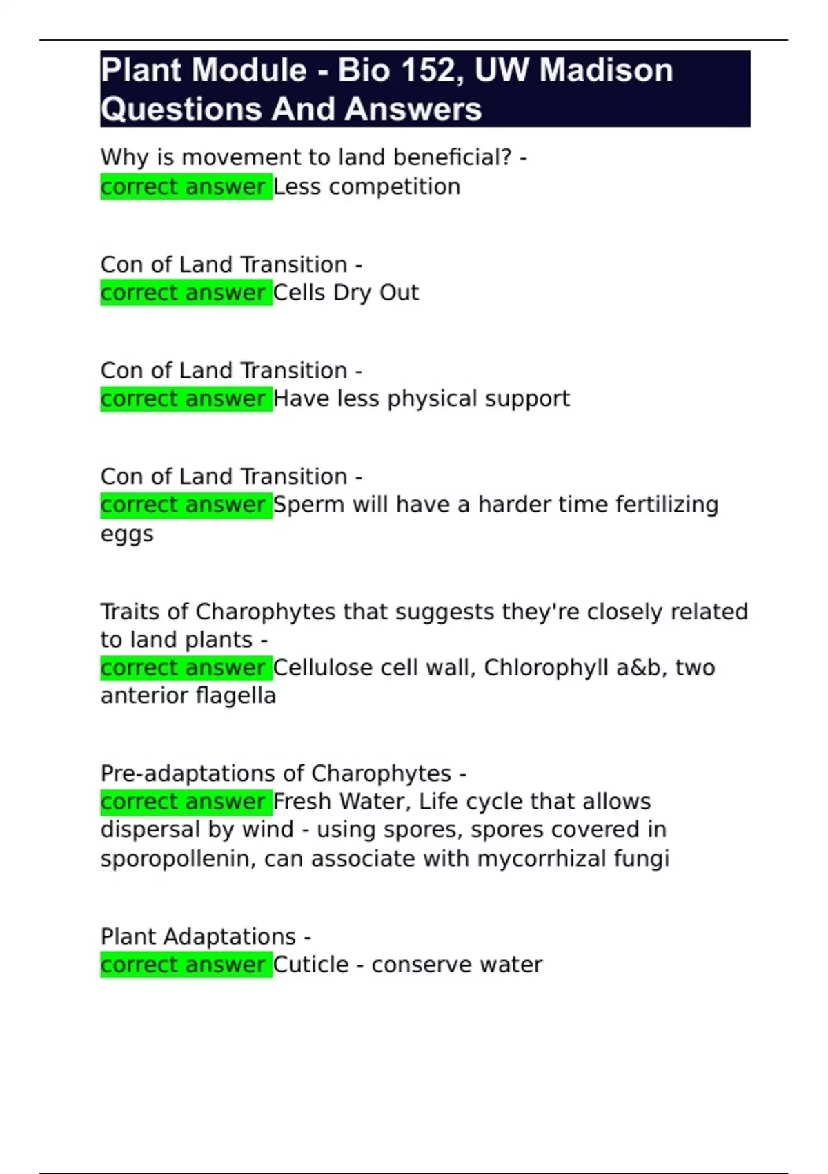 Plant Module - Bio 152, UW Madison Questions And Answers - - Bio 152 ...