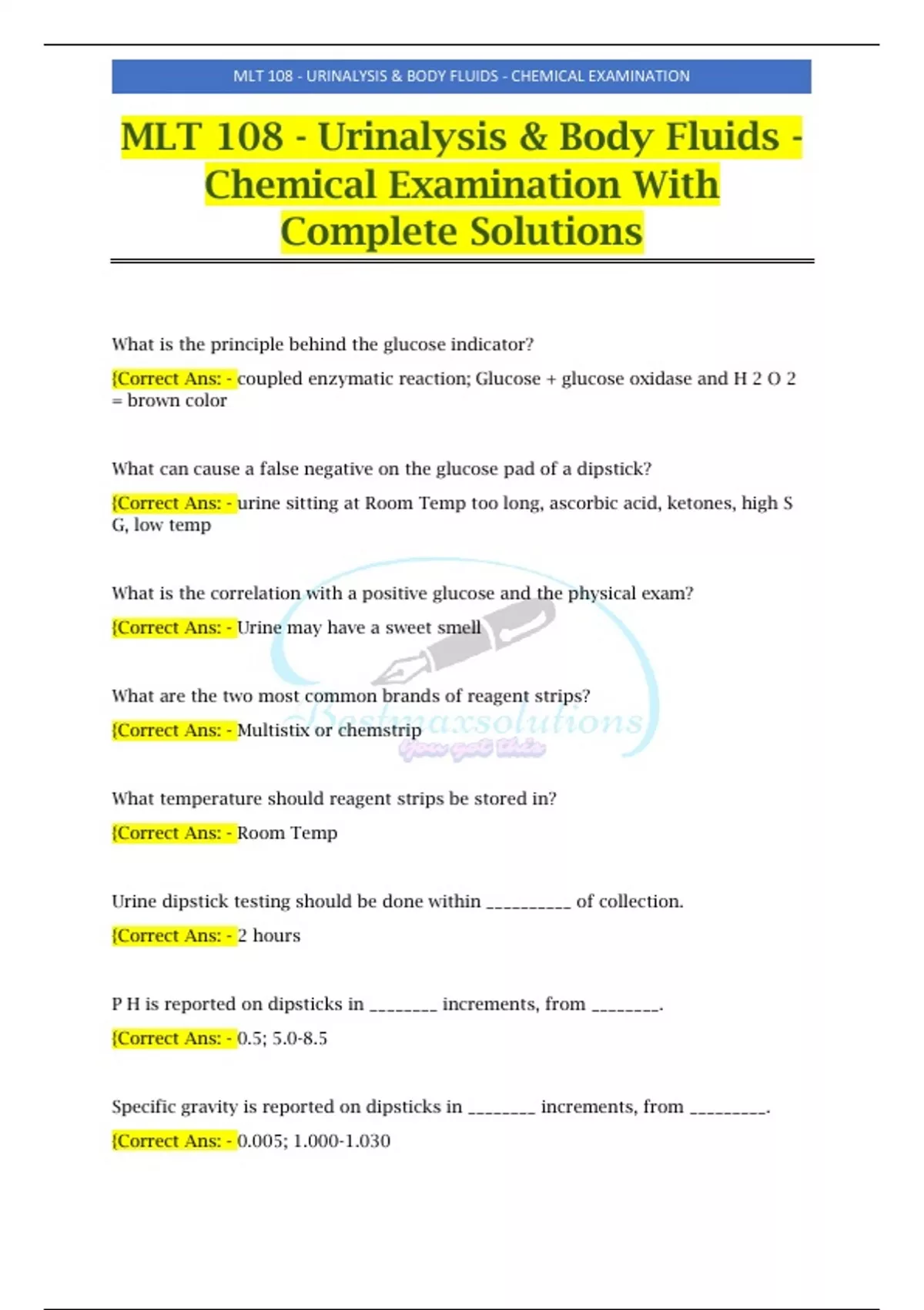 MLT 108 - Urinalysis & Body Fluids - Chemical Examination With Complete Solutions - MLT 108 ...