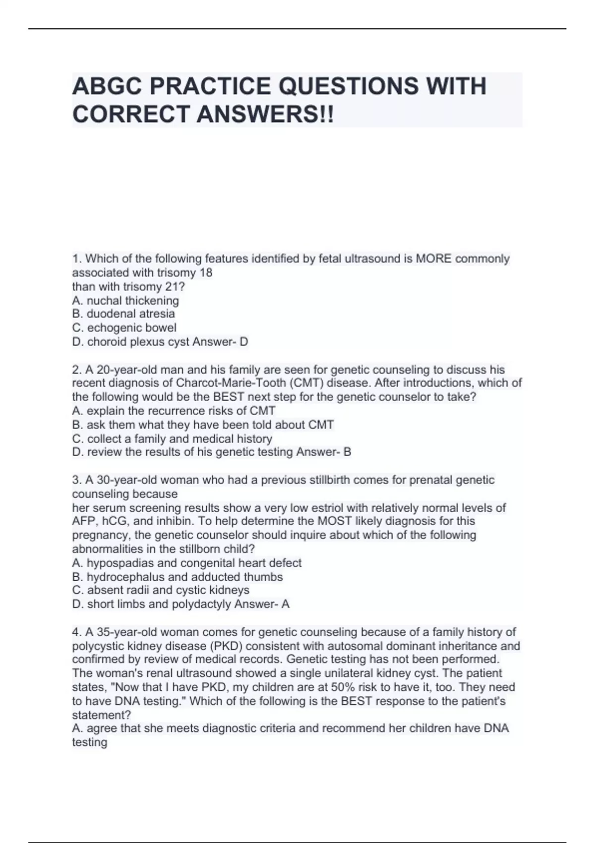 ABGC PRACTICE QUESTIONS WITH CORRECT ANSWERS!! - ABGC - Stuvia US