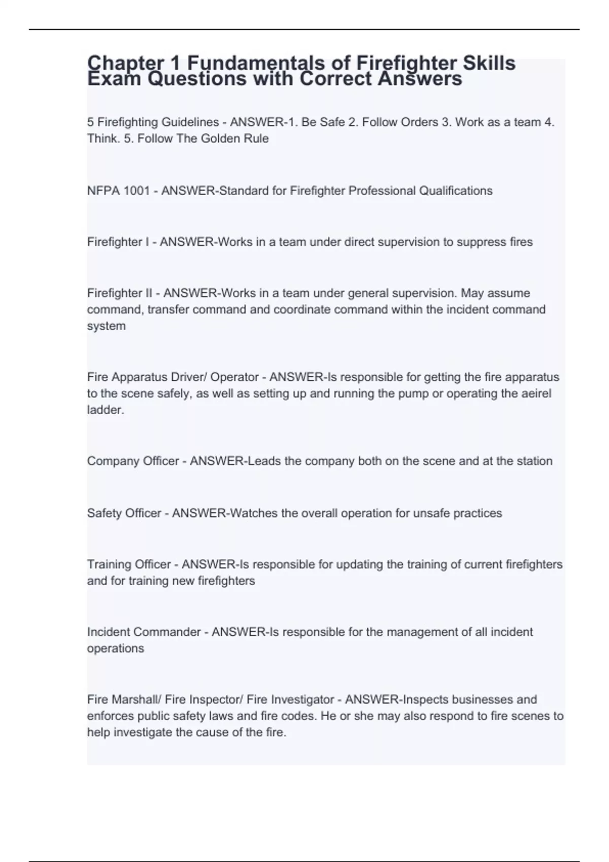 Chapter 1 Fundamentals of Firefighter Skills Exam Questions with ...