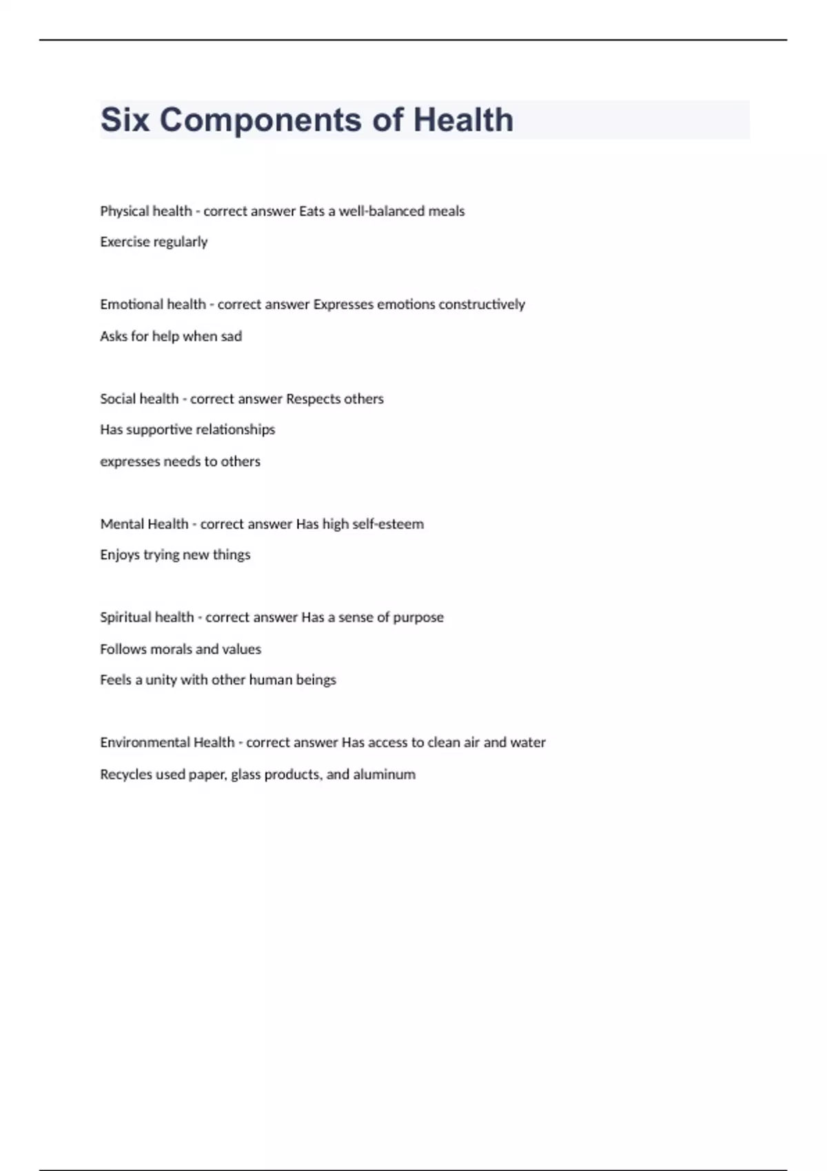 Six Components of Health Question and answers rated A+ 2024 - HEALTH ...