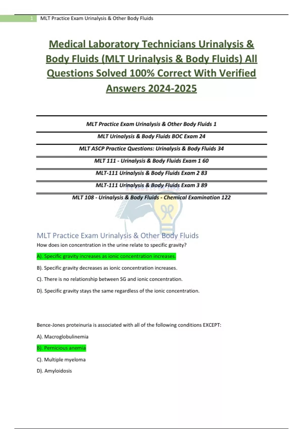 Medical Laboratory Technicians Urinalysis & Body Fluids (MLT Urinalysis ...