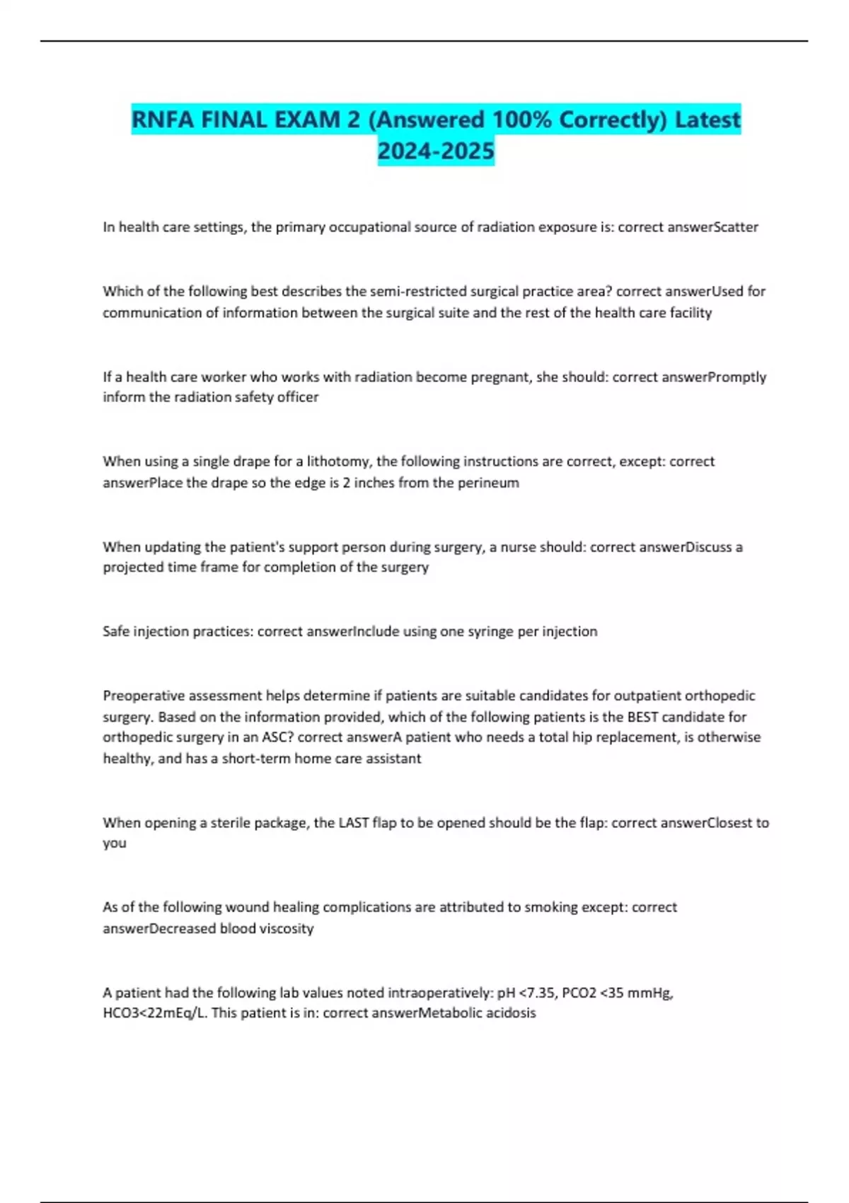 RNFA FINAL EXAM 2 (Answered 100% Correctly) Latest - RNFA FI - Stuvia US