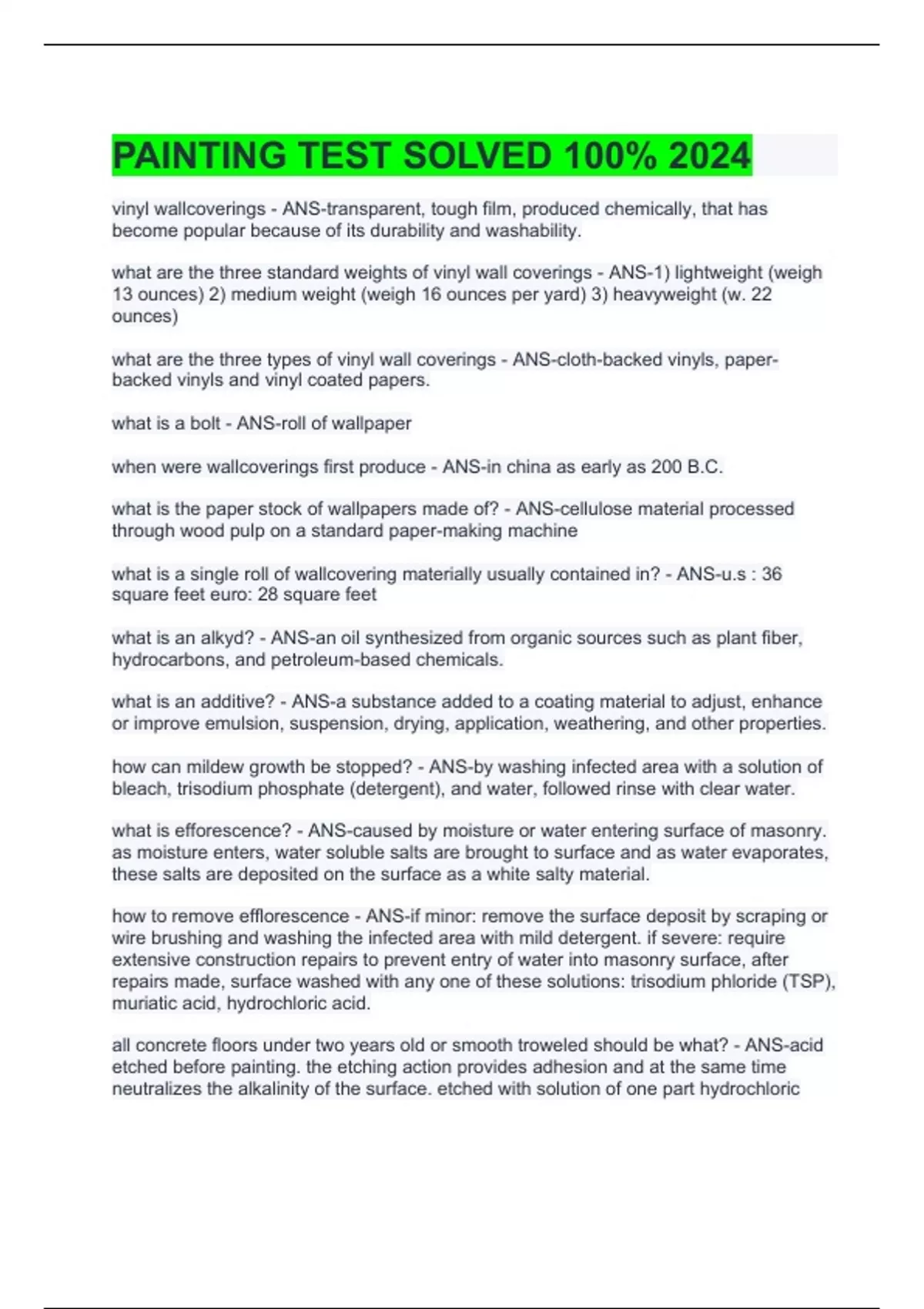 PAINTING TEST SOLVED 100% 2024 - PAINT - Stuvia US