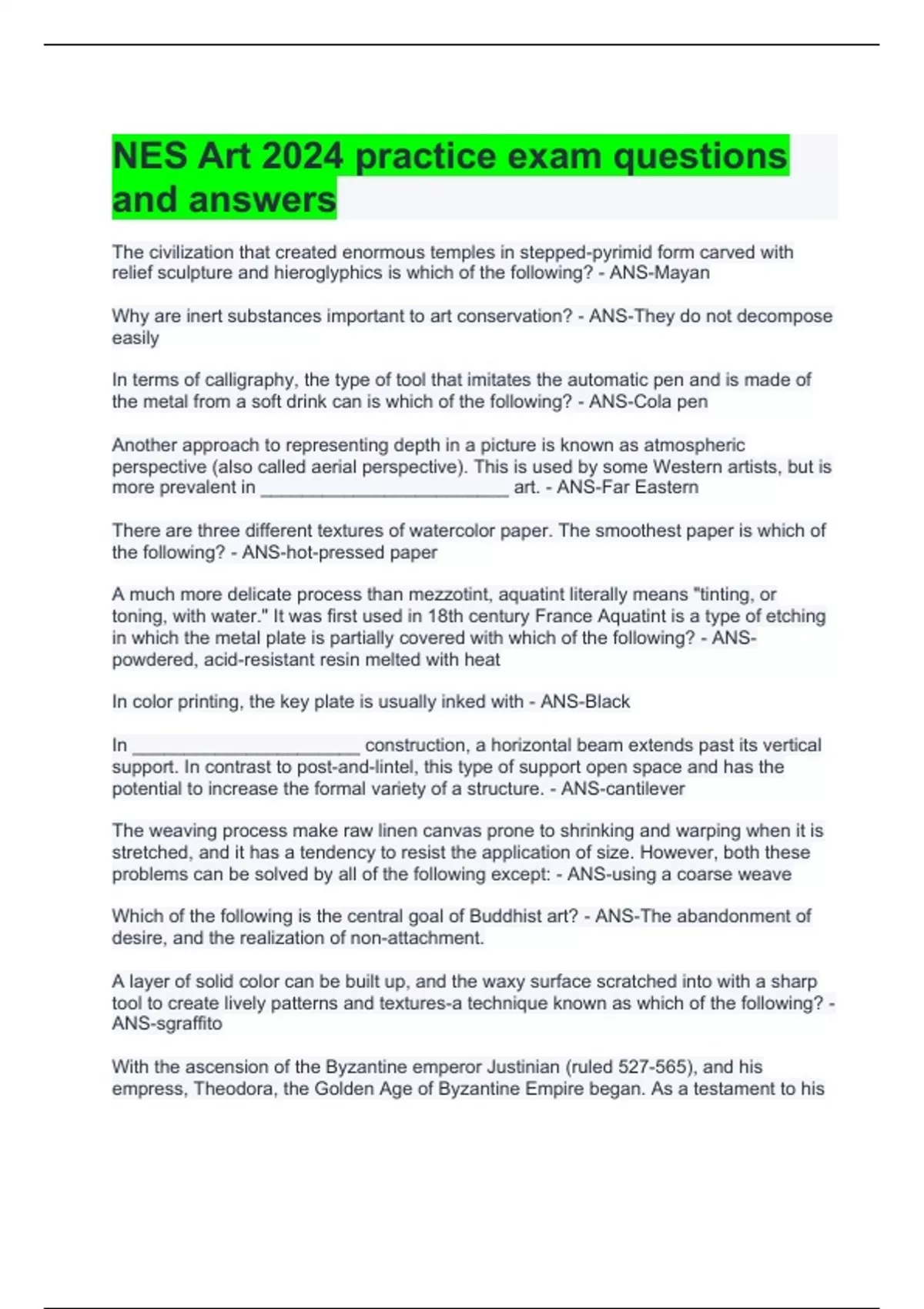 NES Art 2024 practice exam questions and answers - PAINT - Stuvia US