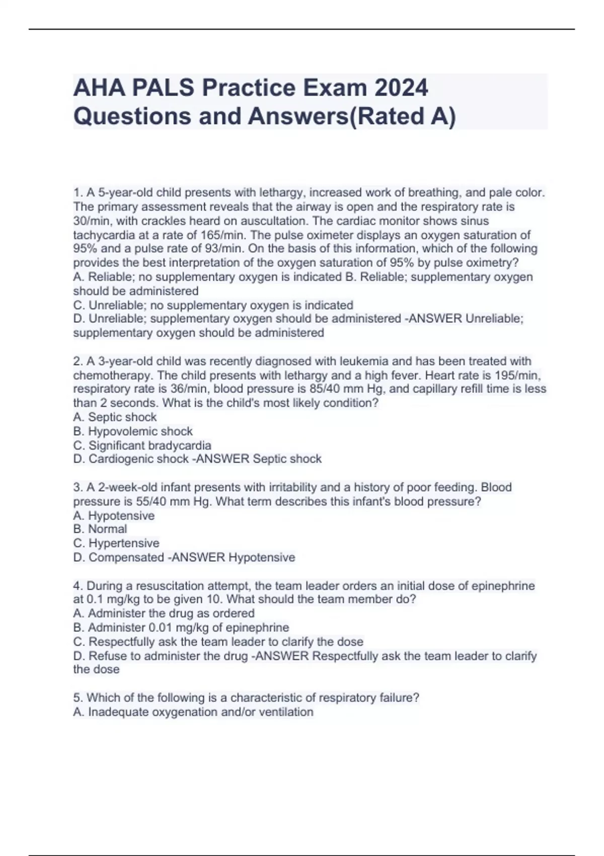 AHA PALS Practice Exam 2024 Questions and Answers(Rated A) - AHA PALS ...