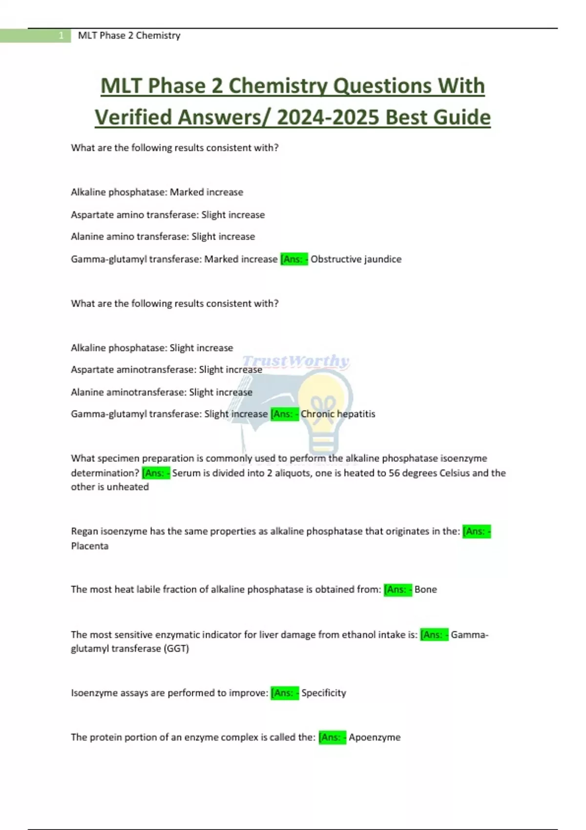 MLT Phase 2 Chemistry Questions With Verified Answers/ Best Guide - MLT ...
