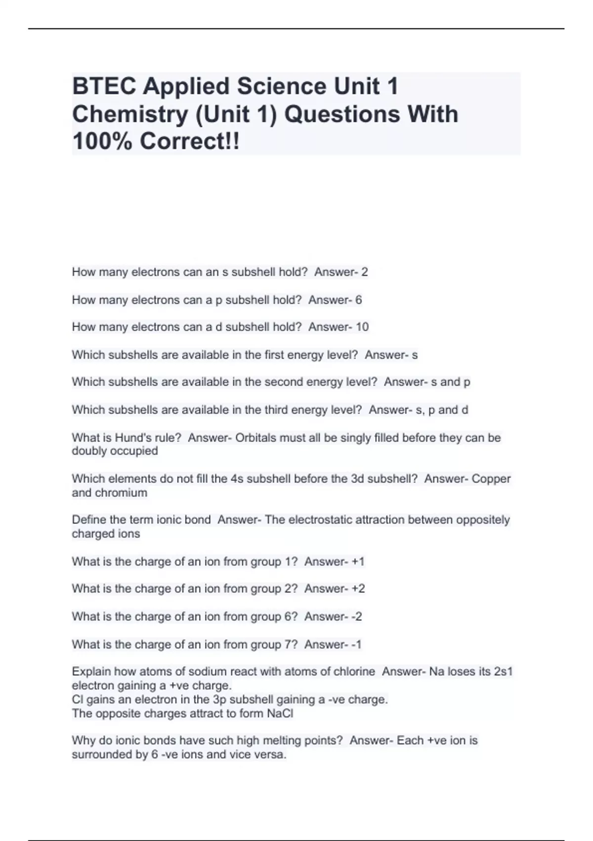 Btec Applied Science Unit 1 Chemistry Unit 1 Questions With 100 Correct Btec Applied