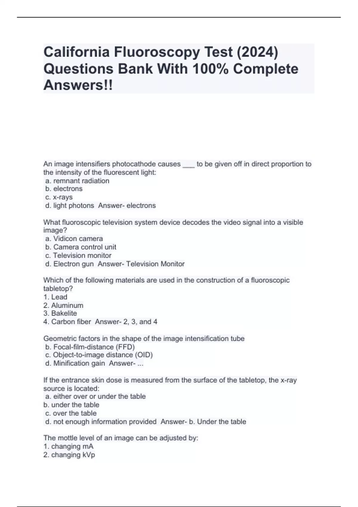 California Fluoroscopy Test (2024) Questions Bank With 100% Complete ...