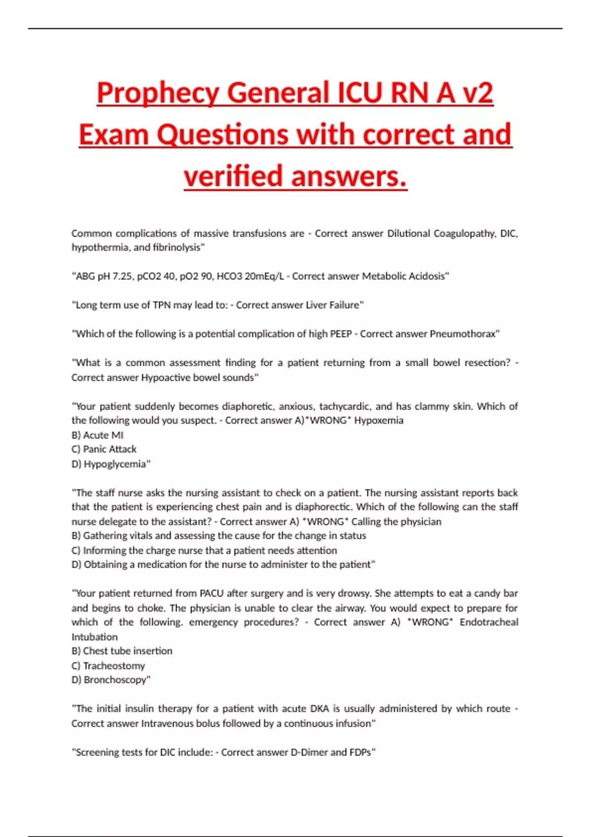 Prophecy General ICU RN A v2 Exam Questions with correct and verified ...