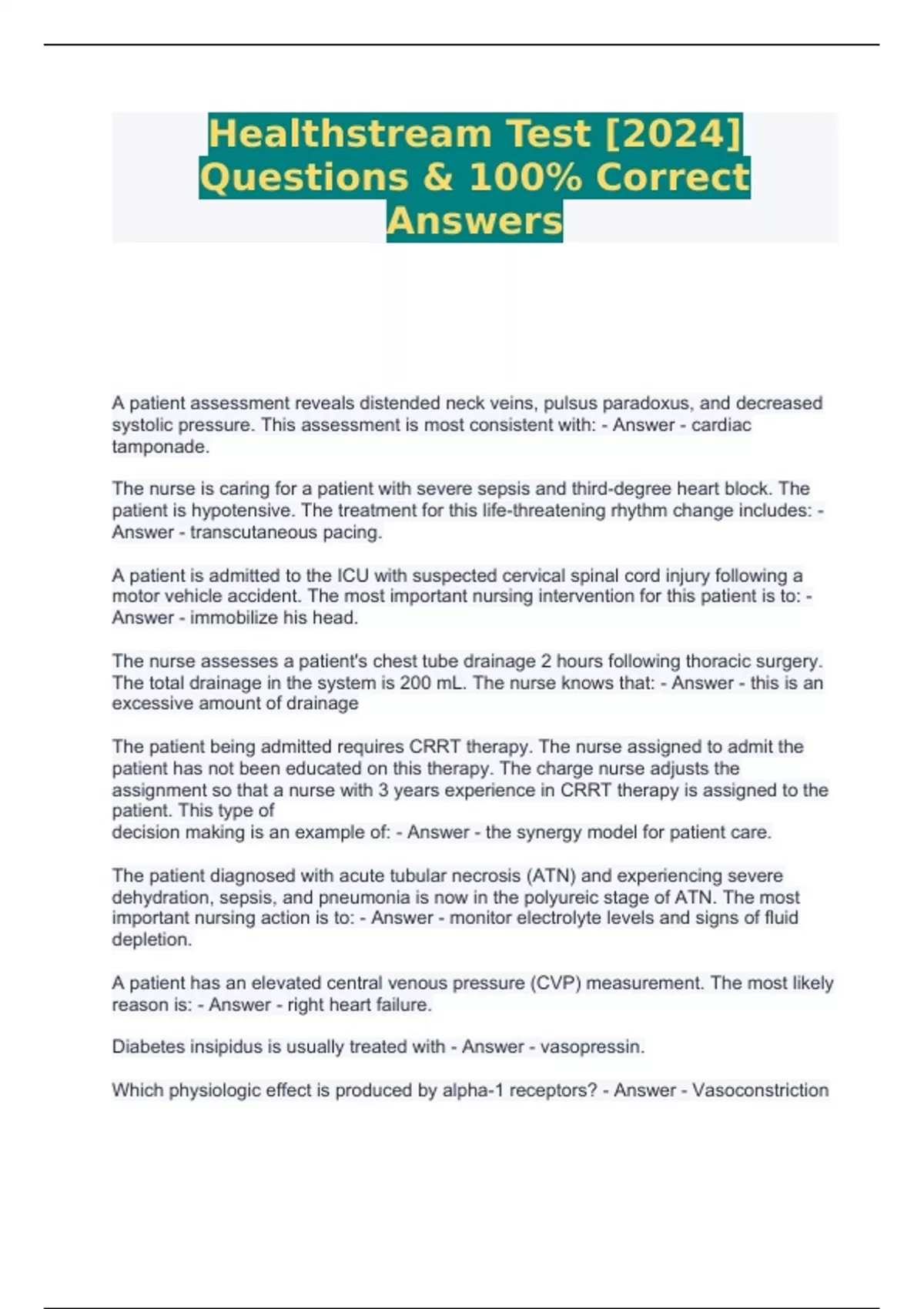 Healthstream Test [2024] Questions & 100% Correct Answers ...