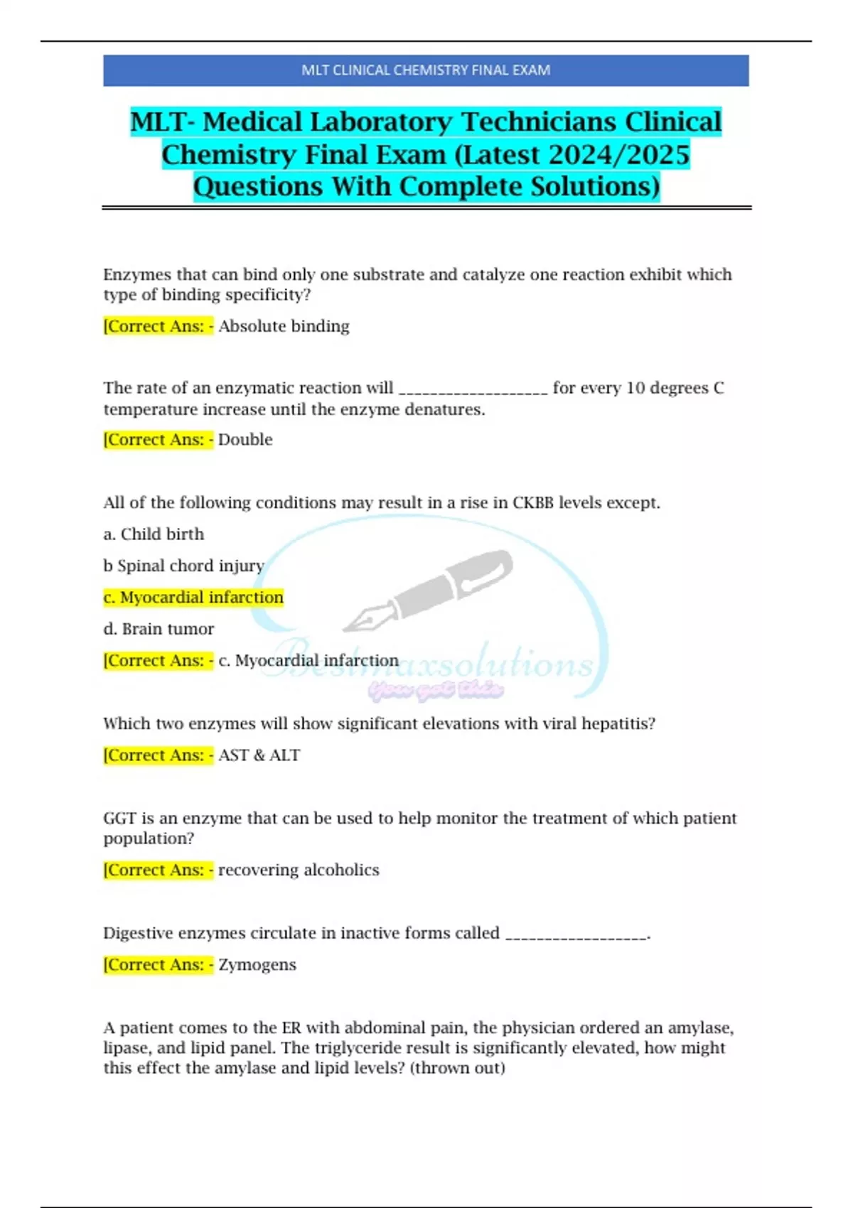 MLT- Medical Laboratory Technicians Clinical Chemistry Final Exam ...
