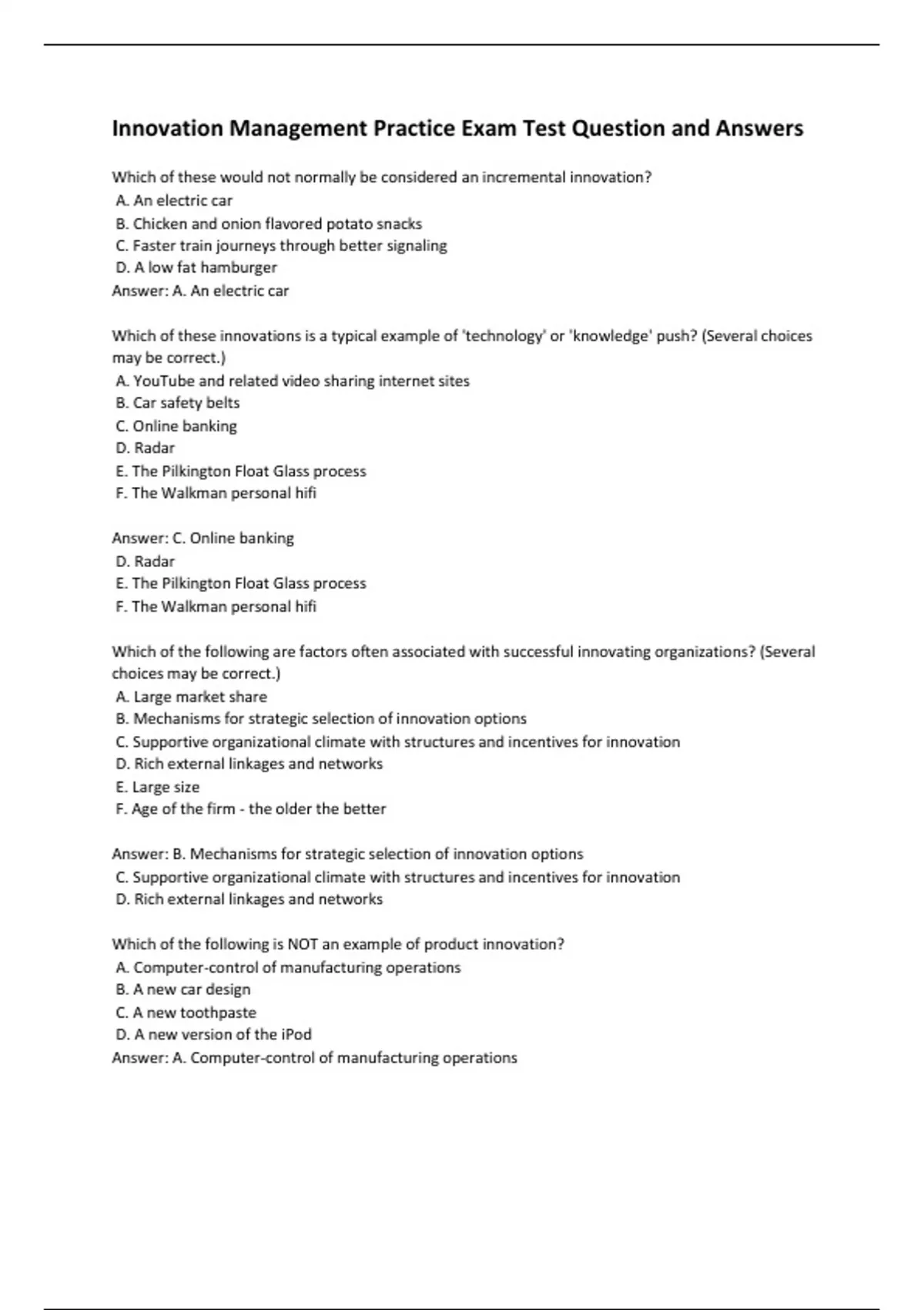 Innovation Management Practice Exam Test Question and Answers ...