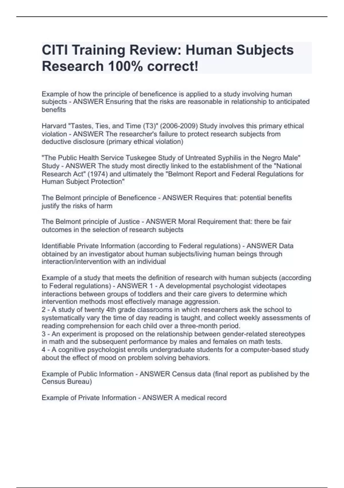 CITI Training Review: Human Subjects Research 100% correct! - CITI ...