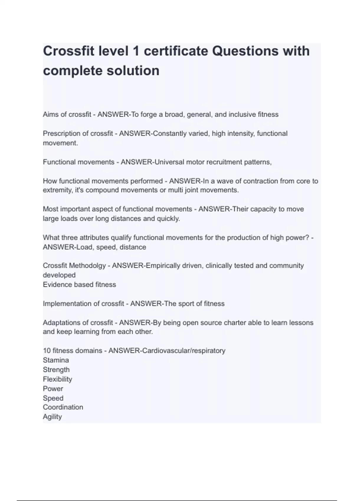 Crossfit level 1 certificate Questions with complete solution ...