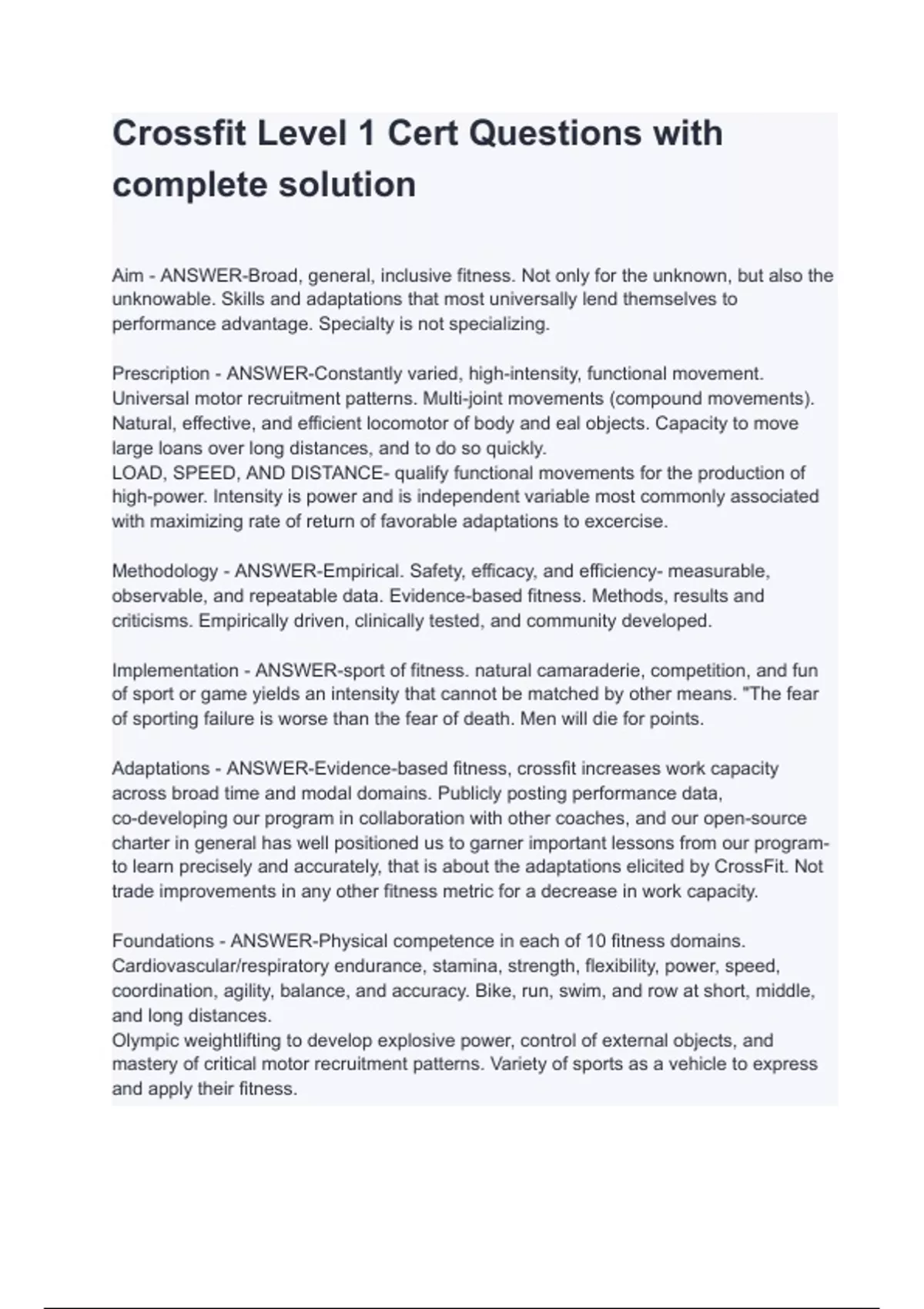 Crossfit Level 1 Cert Questions with complete solution - Crossfit Level ...