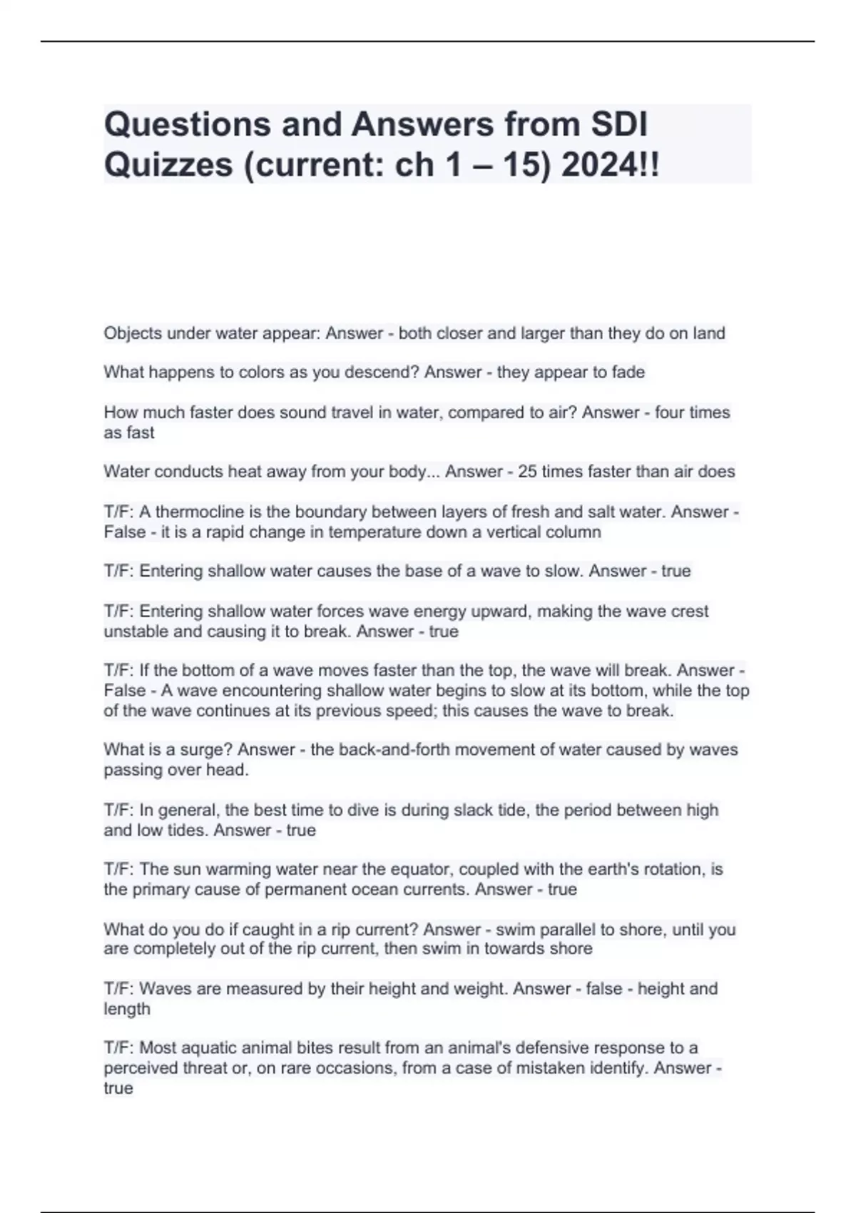 Questions and Answers from SDI Quizzes (current: ch 1 – 15) 2024 ...
