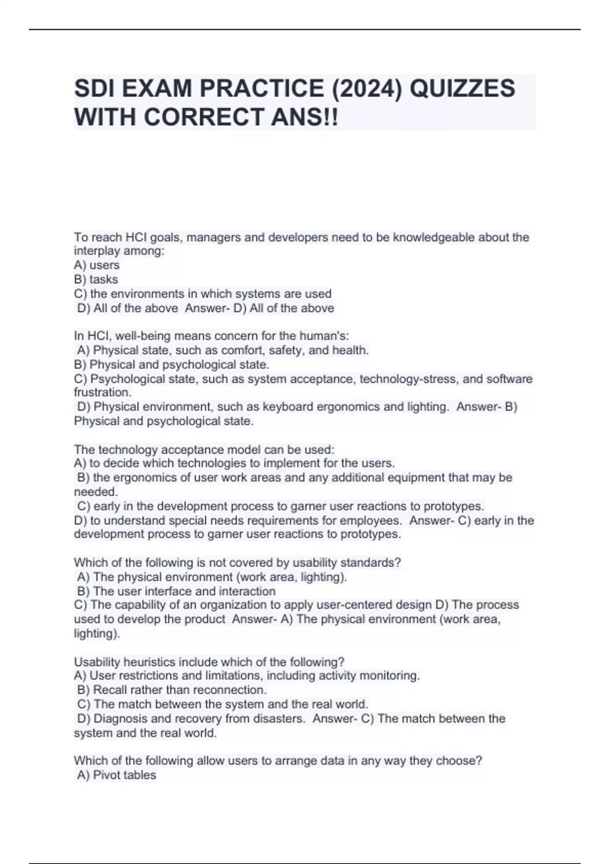 SDI EXAM PRACTICE (2024) QUIZZES WITH CORRECT ANS!! - SDI - Stuvia US