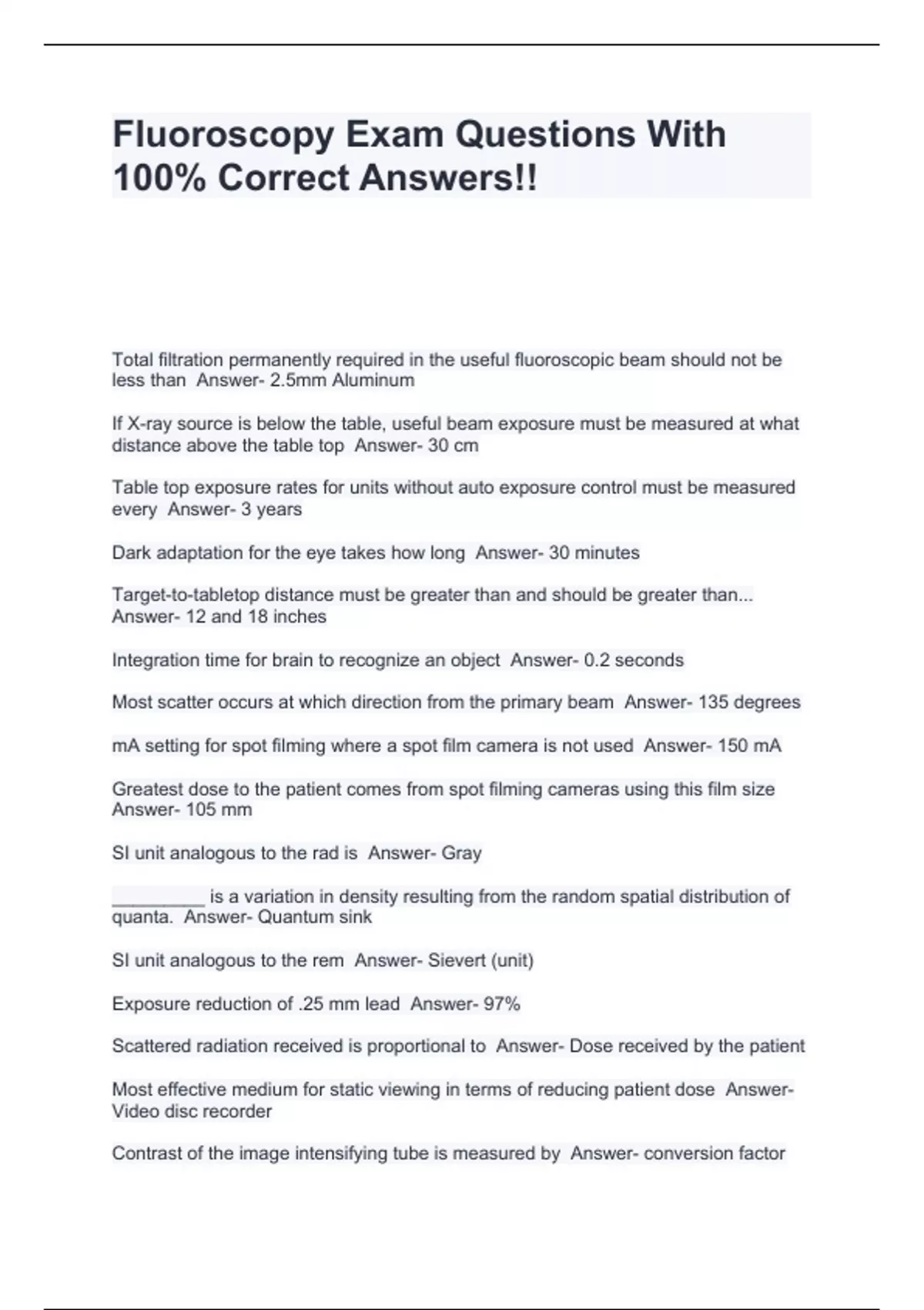 Fluoroscopy Exam Questions With 100% Correct Answers!! - Fluoroscopy ...