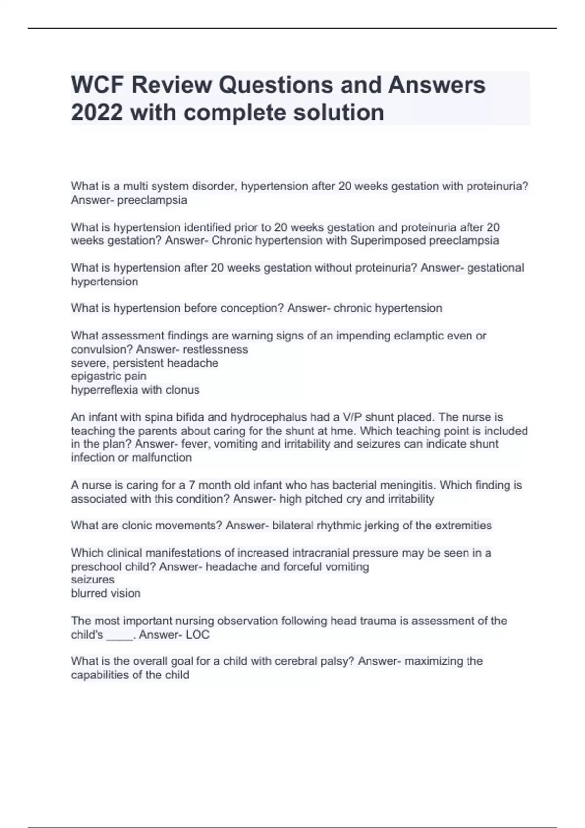 WCF Review Questions and Answers 2024 with complete solution - Nursing Pharmocology - Stuvia US