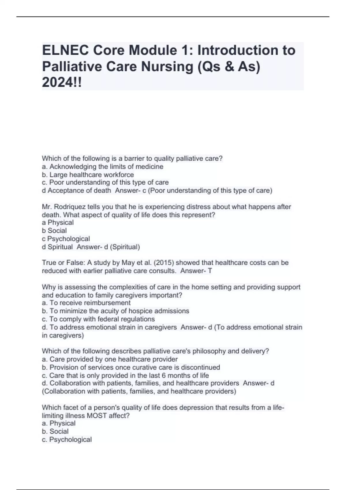 ELNEC Core Module 1: Introduction to Palliative Care Nursing (Qs & As) 2024!! - ELNEC Palliative ...