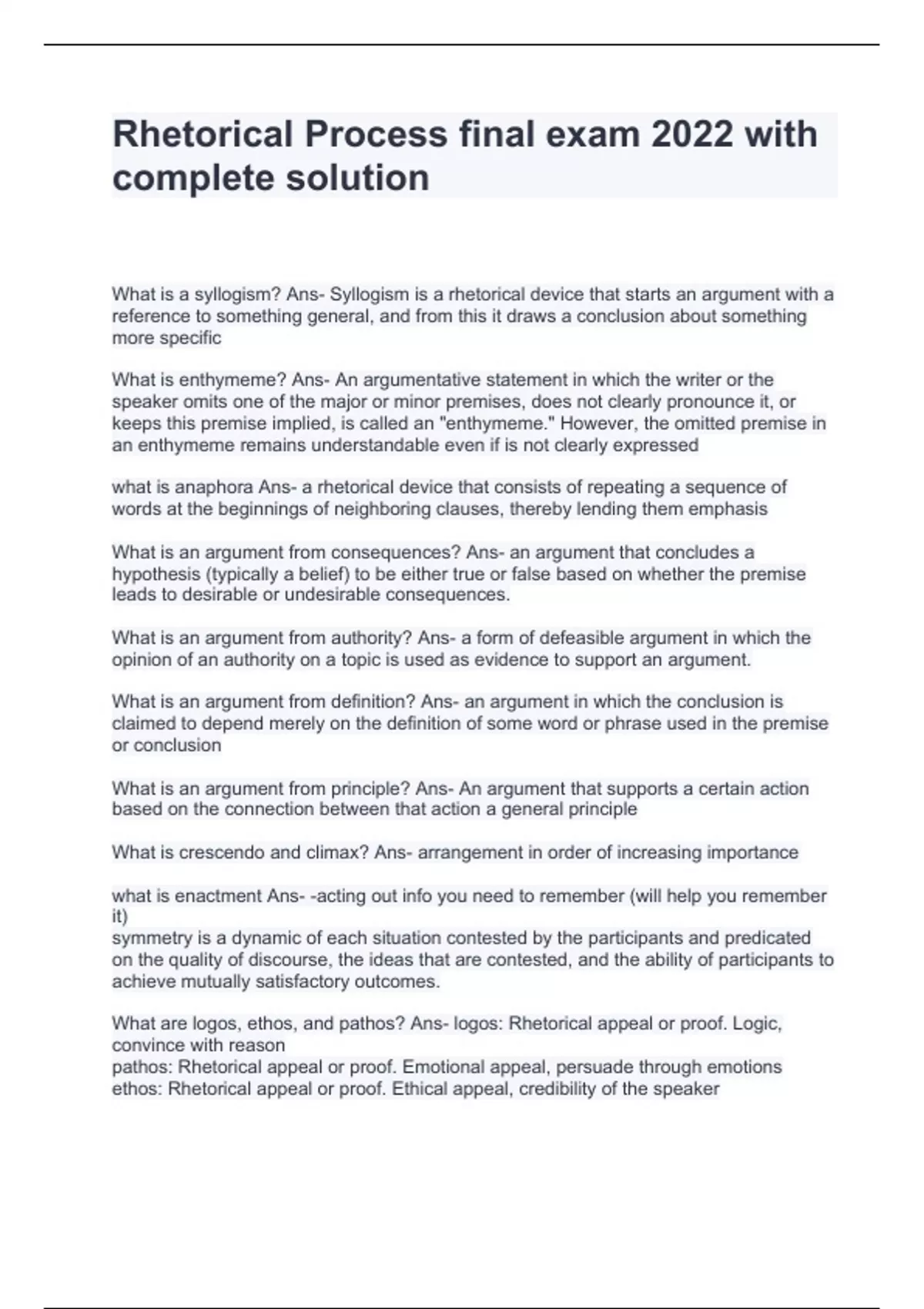 Rhetorical Process final exam 2024 with complete solution - Nursing ...