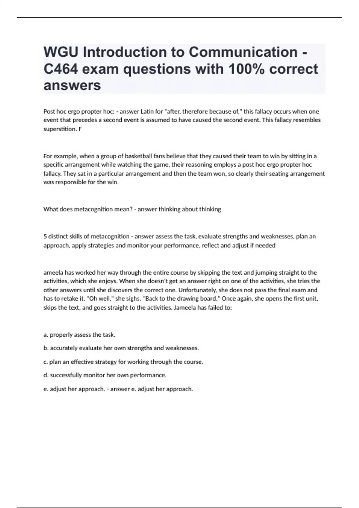 WGU Introduction to Communication - C464 exam questions with 100% correct answers - WGU C464 ...