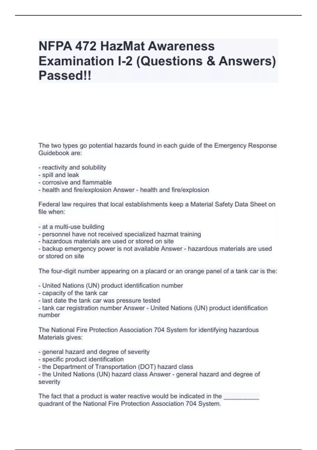 NFPA 472 HazMat Awareness Examination I-2 (Questions & Answers) Passed ...