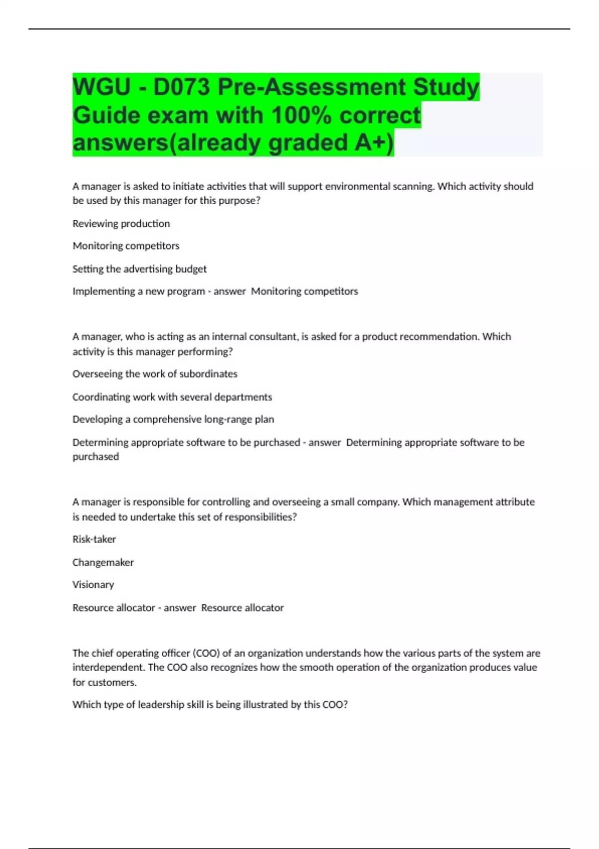 WGU - D073 Pre-Assessment Study Guide exam with 100% correct answers(already graded A+) - WGU ...