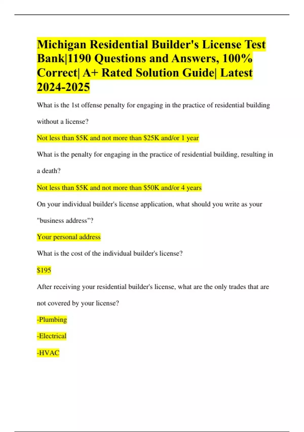 Michigan Residential Builder's License Test Bank|1190 Questions and ...