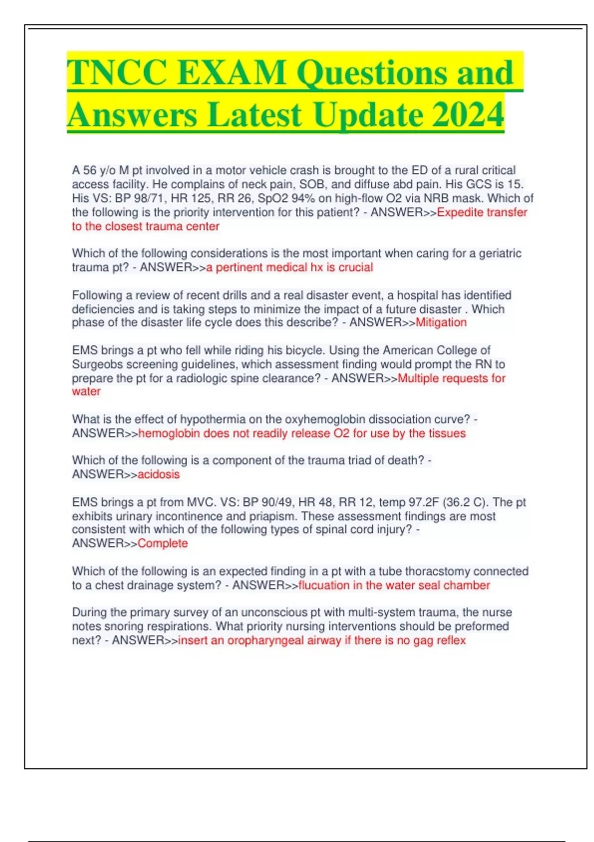 TNCC EXAM Questions and Answers Latest Update 2024.pdf - TNCC - Stuvia US