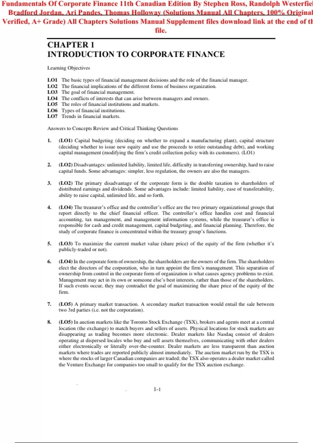 Solutions Manual For Fundamentals Of Corporate Finance 11th Canadian ...