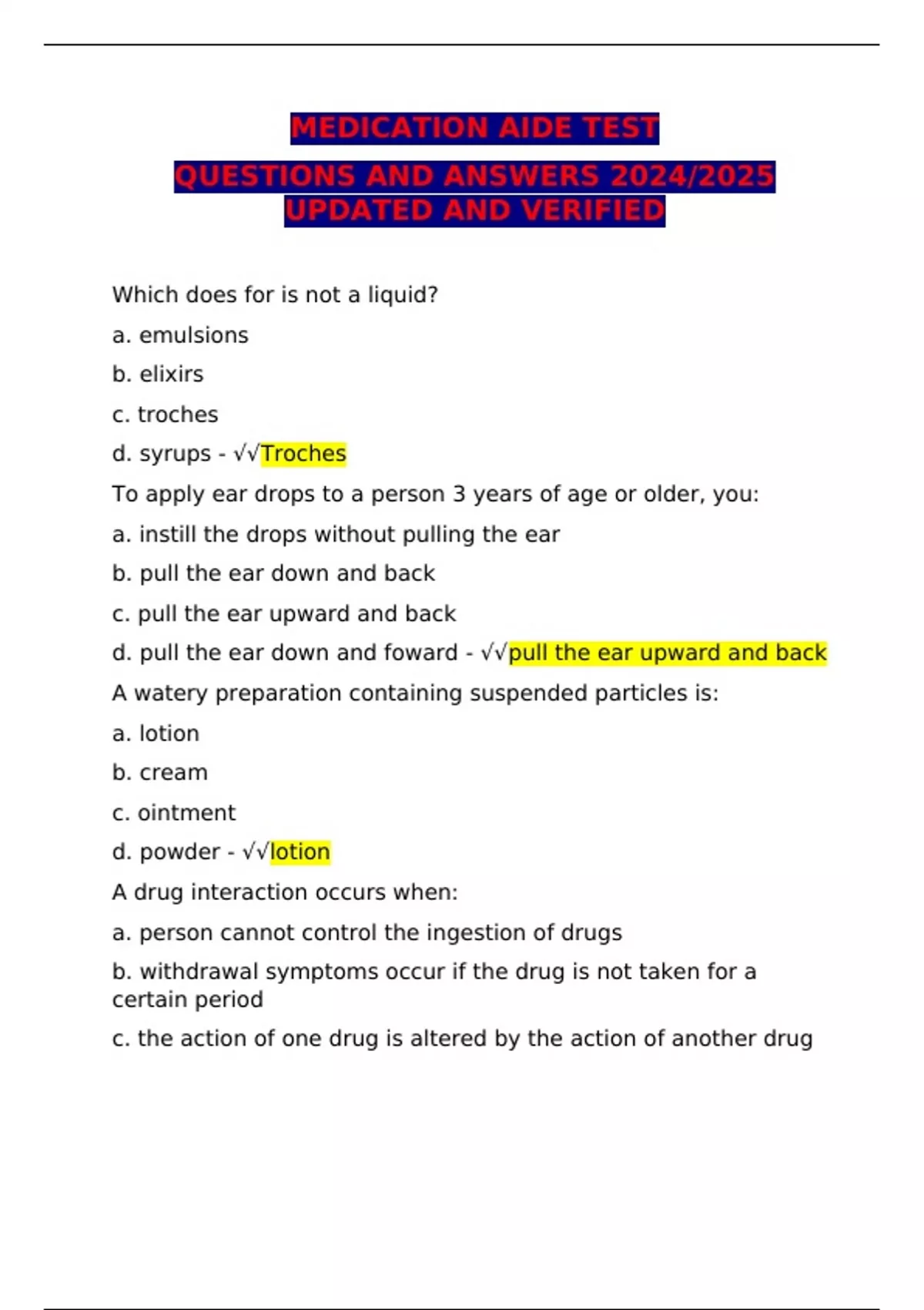 MEDICATION AIDE TEST QUESTIONS AND ANSWERS 2024/2025 UPDATED AND ...