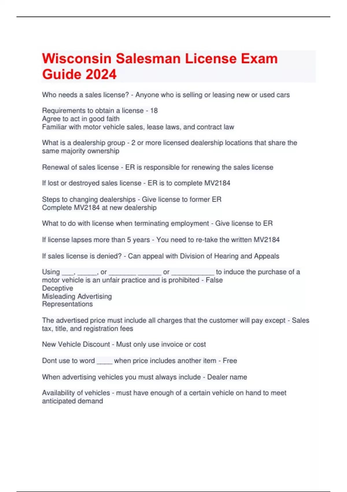 Wisconsin Salesman License Exam Guide 2024 - Salesman License - Stuvia US