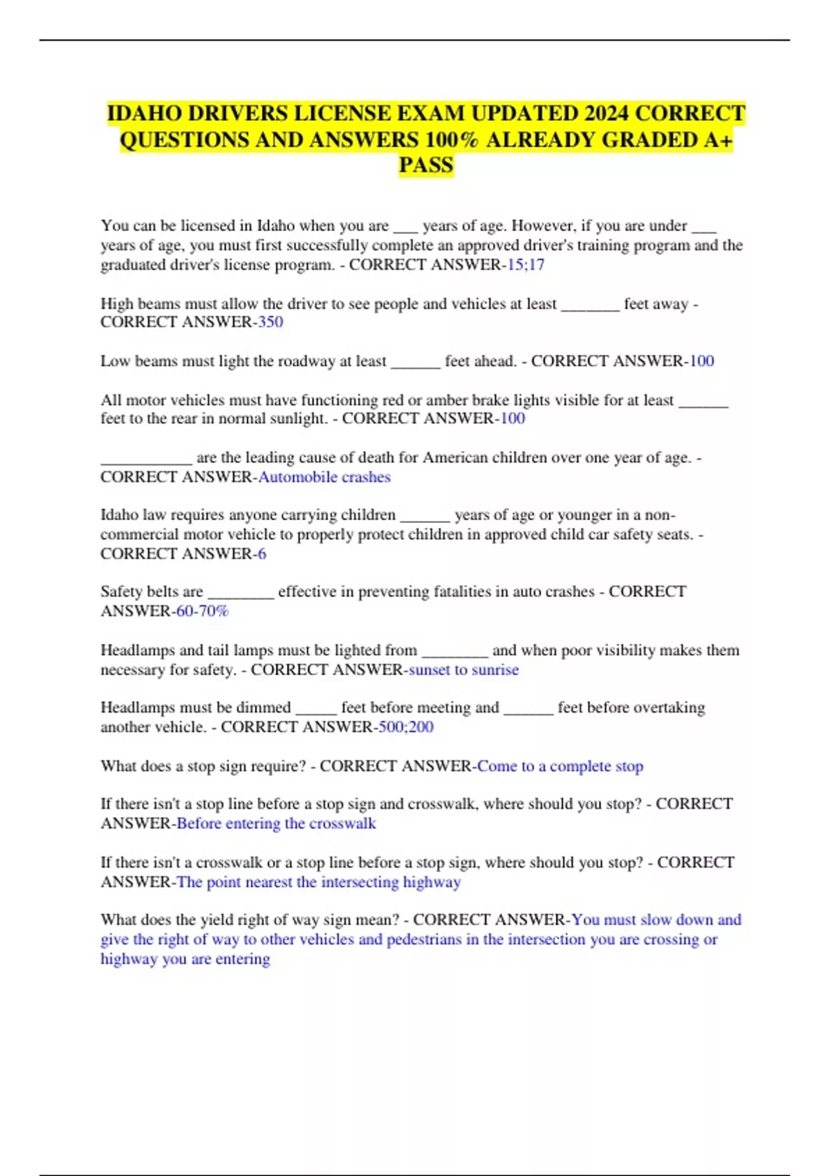 IDAHO DRIVERS LICENSE EXAM UPDATED 2024 CORRECT QUESTIONS AND ANSWERS ...