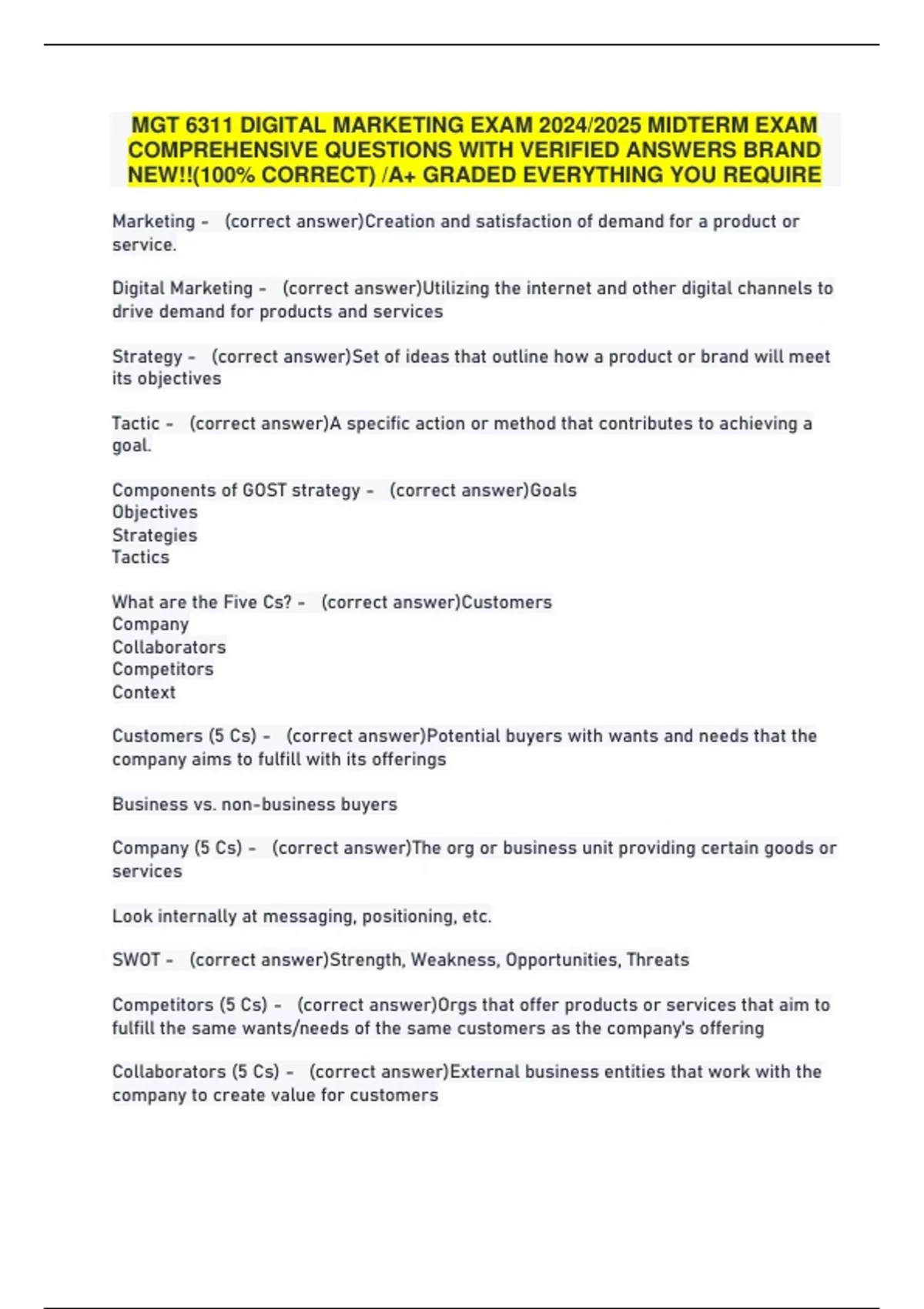 MGT 6311 DIGITAL MARKETING EXAM 2024/2025 MIDTERM EXAM COMPREHENSIVE QUESTIONS WITH VERIFIED ...