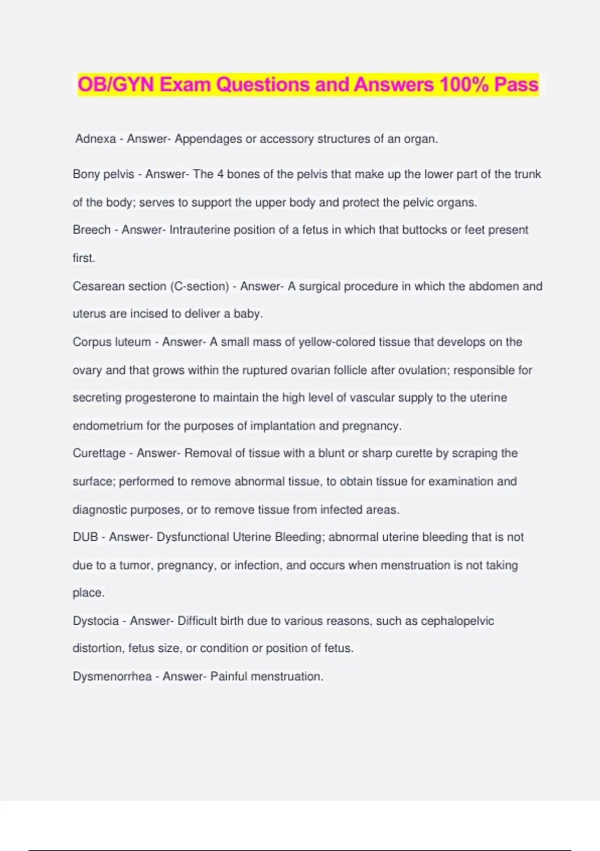 OB/GYN Exam Questions and Answers 100% Pass - OBGYN - Stuvia US