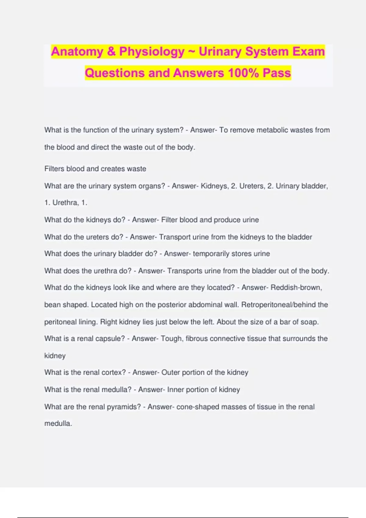 Anatomy & Physiology ~ Urinary System Exam Questions and Answers 100% ...