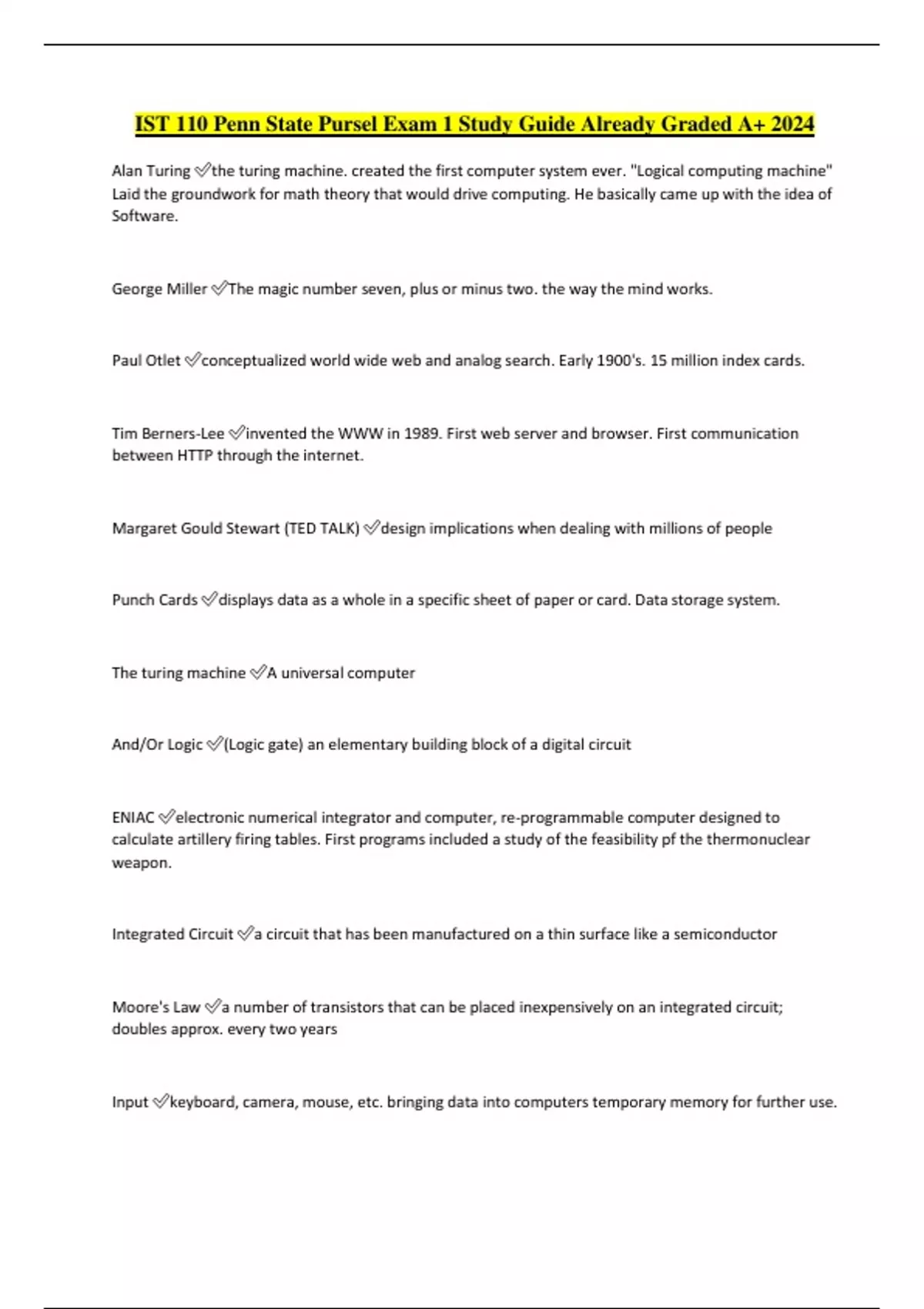 IST 110 Penn State Pursel Exam 1 Study Guide Already Graded A+ 2024 ...