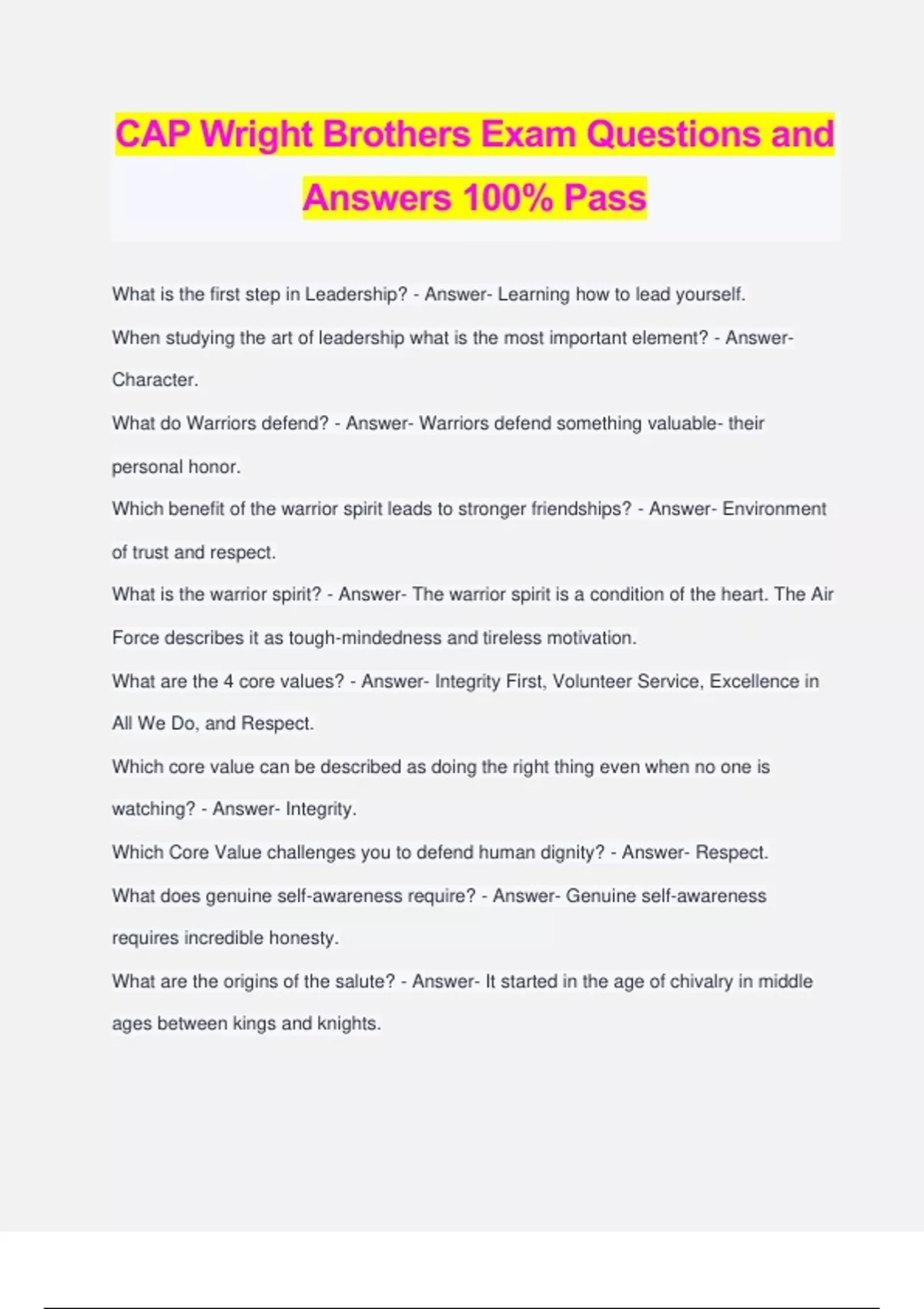 CAP Wright Brothers Exam Questions and Answers 100% Pass - CAP Wright ...