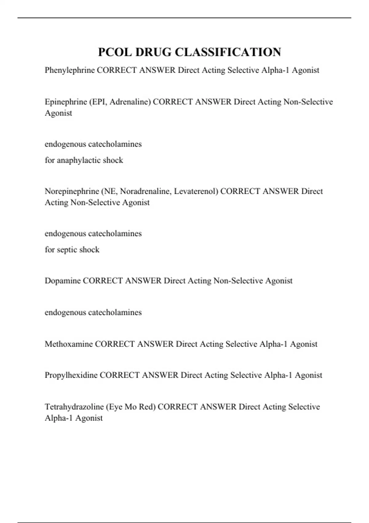 PCOL DRUG CLASSIFICATION QUESTIONS WITH COMPLETE SOLUTIONS - PCol - Stuvia US
